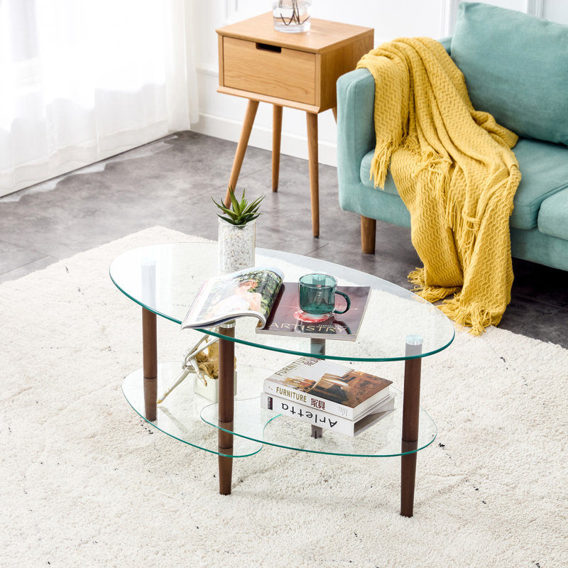 Layahna Oval Glass Coffee Table Modern Table In Living Room Oak Wood Leg Tea Table 3 Layer Glass Table